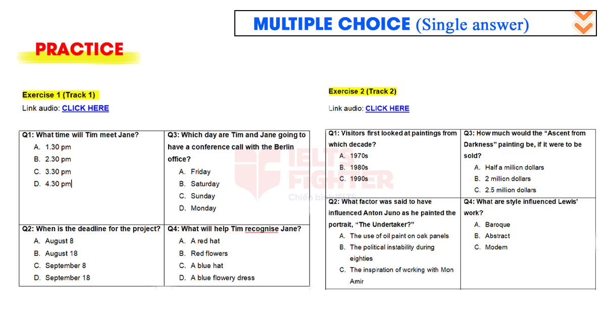 Bài luyện tập IELTS Listening Multiple Choice dạng Single Answer